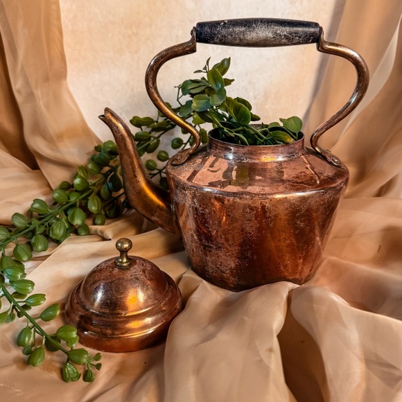 Kitchen | Antique Copper Tin Lined Tea Kettle With Wooden Handle | Poshmark